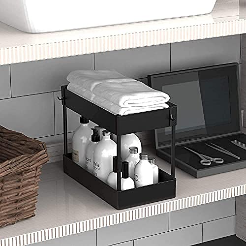 Under Sink Organizer, Under Bathroom Sink Storage 2 Tier Organizer Bath Collection Baskets with Hooks, Black Under Sink Shelf Organizer Rack, Multi-purpose Under Sink Storage for Bathroom Kitchen