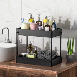 Under Sink Organizer, Under Bathroom Sink Storage 2 Tier Organizer Bath Collection Baskets with Hooks, Black Under Sink Shelf Organizer Rack, Multi-purpose Under Sink Storage for Bathroom Kitchen