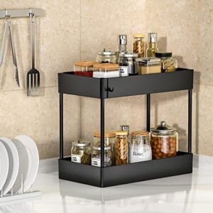 Under Sink Organizer, Under Bathroom Sink Storage 2 Tier Organizer Bath Collection Baskets with Hooks, Black Under Sink Shelf Organizer Rack, Multi-purpose Under Sink Storage for Bathroom Kitchen