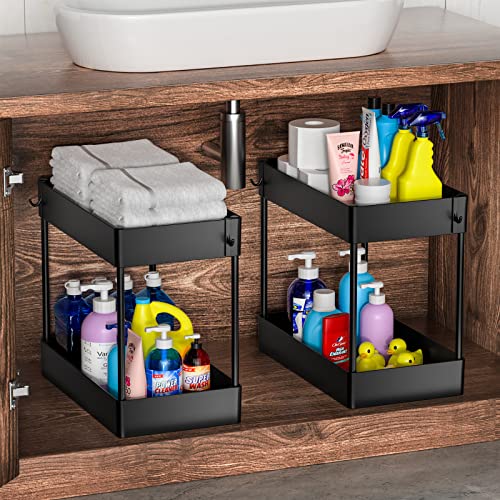 Under Sink Organizer, Under Bathroom Sink Storage 2 Tier Organizer Bath Collection Baskets with Hooks, Black Under Sink Shelf Organizer Rack, Multi-purpose Under Sink Storage for Bathroom Kitchen