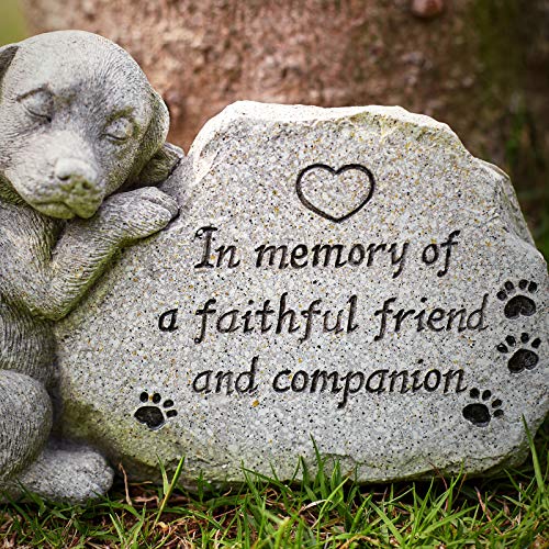 Dog Memorial Stone Statue, Sleeping Dog Angel Figurine Forever in Our Hearts, Dog Grave Markers Outdoor for Deceased Pet, Loss of Dog Memorial Sympathy Gifts Antique Stone Finish 8.86 inch