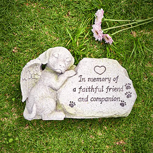 Dog Memorial Stone Statue, Sleeping Dog Angel Figurine Forever in Our Hearts, Dog Grave Markers Outdoor for Deceased Pet, Loss of Dog Memorial Sympathy Gifts Antique Stone Finish 8.86 inch