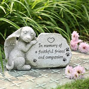 Dog Memorial Stone Statue, Sleeping Dog Angel Figurine Forever in Our Hearts, Dog Grave Markers Outdoor for Deceased Pet, Loss of Dog Memorial Sympathy Gifts Antique Stone Finish 8.86 inch