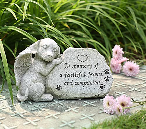 Dog Memorial Stone Statue, Sleeping Dog Angel Figurine Forever in Our Hearts, Dog Grave Markers Outdoor for Deceased Pet, Loss of Dog Memorial Sympathy Gifts Antique Stone Finish 8.86 inch