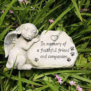 Dog Memorial Stone Statue, Sleeping Dog Angel Figurine Forever in Our Hearts, Dog Grave Markers Outdoor for Deceased Pet, Loss of Dog Memorial Sympathy Gifts Antique Stone Finish 8.86 inch