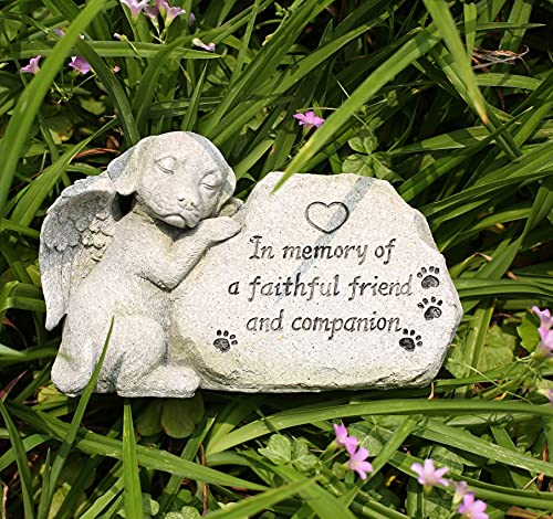 Dog Memorial Stone Statue, Sleeping Dog Angel Figurine Forever in Our Hearts, Dog Grave Markers Outdoor for Deceased Pet, Loss of Dog Memorial Sympathy Gifts Antique Stone Finish 8.86 inch