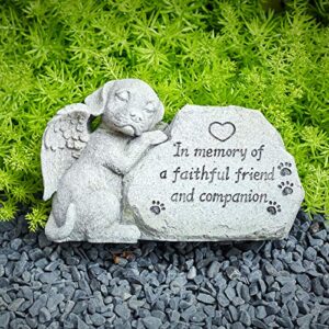 Dog Memorial Stone Statue, Sleeping Dog Angel Figurine Forever in Our Hearts, Dog Grave Markers Outdoor for Deceased Pet, Loss of Dog Memorial Sympathy Gifts Antique Stone Finish 8.86 inch