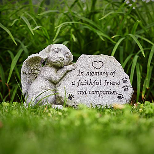 Dog Memorial Stone Statue, Sleeping Dog Angel Figurine Forever in Our Hearts, Dog Grave Markers Outdoor for Deceased Pet, Loss of Dog Memorial Sympathy Gifts Antique Stone Finish 8.86 inch