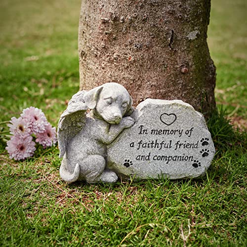 Dog Memorial Stone Statue, Sleeping Dog Angel Figurine Forever in Our Hearts, Dog Grave Markers Outdoor for Deceased Pet, Loss of Dog Memorial Sympathy Gifts Antique Stone Finish 8.86 inch