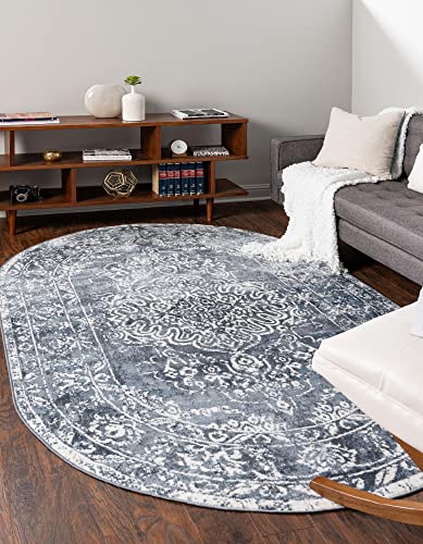 Unique Loom Oxford Collection Area Rug - Bodleian (8' x 10' Oval, Blue/ Ivory)