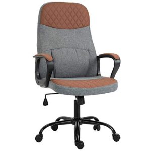 vinsetto high back office chair with 2-point lumbar massage, usb power, faux leather, and linen fabric, brown and grey