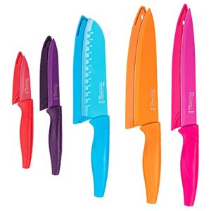 michelangelo kitchen knife set 10 piece, rainbow knife set for kitchen, high carbon stainless steel kitchen knives set, dishwasher safe, colorful knife set- 5 knives and 5 knife covers