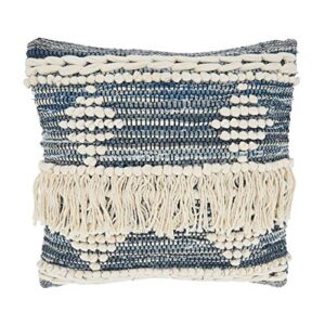 saro lifestyle chindi fringe throw pillow cover, blue, 18"