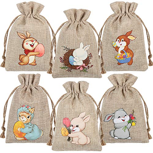 CCINEE 36PCS Easter Burlap Bags with Drawstring,Bunny Burlap Gift Bag Jute Line Goody Bags for Kids Party Favor Supply