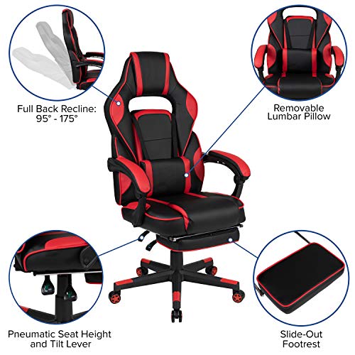 Flash Furniture X40 Gaming Chair Racing Ergonomic Computer Chair with Fully Reclining Back/Arms, Slide-Out Footrest, Massaging Lumbar - Red