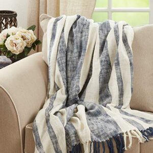 SARO LIFESTYLE Sevan Collection Banded Throw Blanket, 50" x 60", Navy Blue