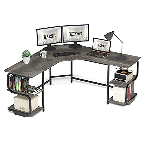 Teraves Modern L Shaped Desk with Shelves,64.84" Computer Desk/Gaming Desk for Home Office,Corner Desk with Large Desktop (Black Oak+Black Frame, Large+4 Tier Shelves)