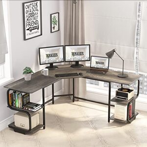 Teraves Modern L Shaped Desk with Shelves,64.84" Computer Desk/Gaming Desk for Home Office,Corner Desk with Large Desktop (Black Oak+Black Frame, Large+4 Tier Shelves)