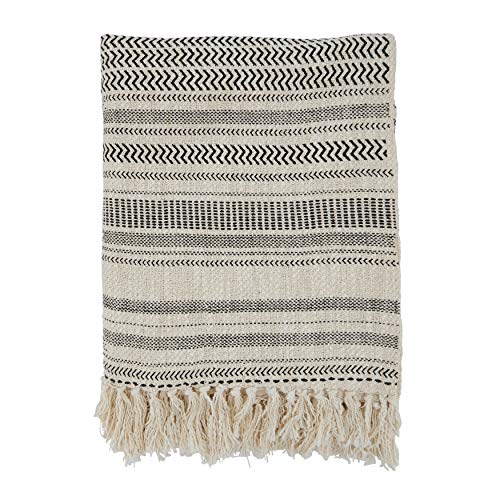 SARO LIFESTYLE Sevan Collection Block Print Fringed Throw Blanket, 50" x 60", Natural