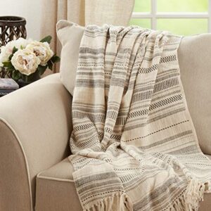 SARO LIFESTYLE Sevan Collection Block Print Fringed Throw Blanket, 50" x 60", Natural