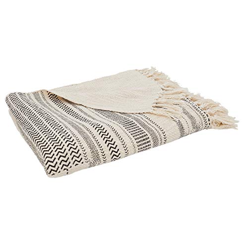 SARO LIFESTYLE Sevan Collection Block Print Fringed Throw Blanket, 50" x 60", Natural