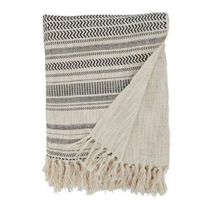 SARO LIFESTYLE Sevan Collection Block Print Fringed Throw Blanket, 50" x 60", Natural