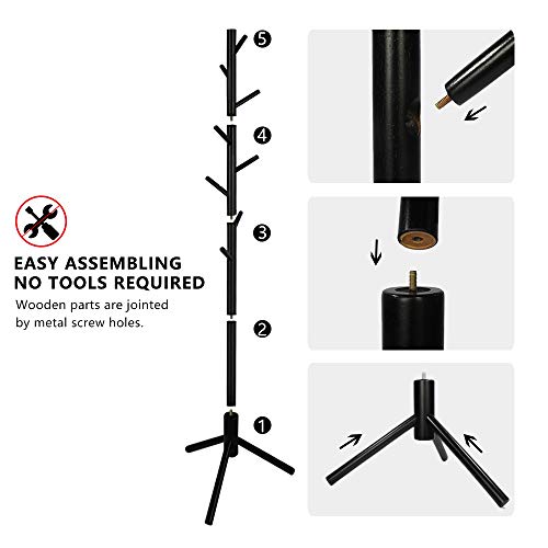 Alotpower Wooden Tree Coat Rack Stand, 3 Adjustable Sizes, 8 Hooks - Super Easy Assembly NO Tools Required - Free Standing Solid Coat Hanger Stand for Clothes, Suits, Accessories (Black)