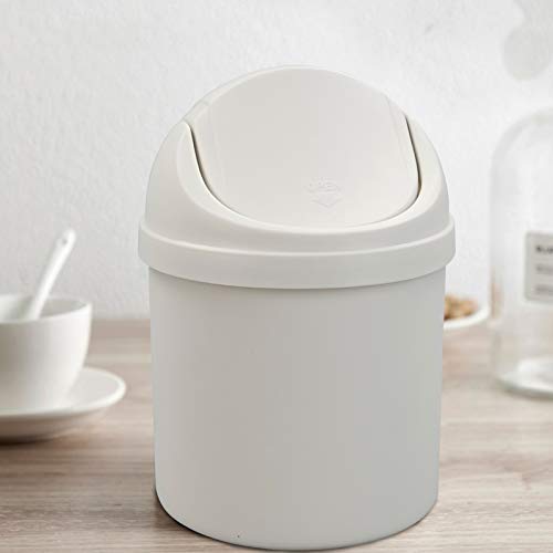 Qskely 2 L Plastic Mini Desktop Trash Can, Tiny Waste Bin with Swing-Top Lid, White