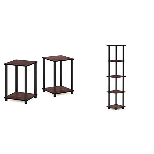 Furinno Turn-N-Tube End Table Corner Shelves, Set of 2, Dark Cherry/Black & Turn-N-Tube 5 Tier Corner Display Rack Multipurpose Shelving Unit, 1-Pack, Dark Cherry/Black