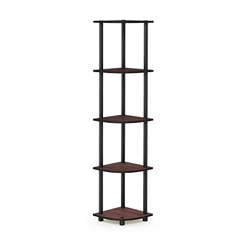 Furinno Turn-N-Tube End Table Corner Shelves, Set of 2, Dark Cherry/Black & Turn-N-Tube 5 Tier Corner Display Rack Multipurpose Shelving Unit, 1-Pack, Dark Cherry/Black