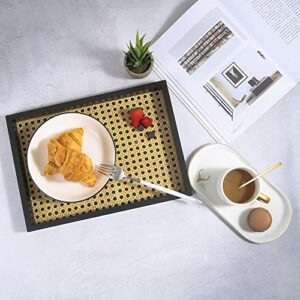 Rectangle Serving Tray with Imitated Rattan, Ottoman Tray, Black Decorative Tray, Basket Serving Tray with Black Wooden Frame for Coffee, Breakfast, Food, Drink, 14'' x 9.8'' x 1.8''