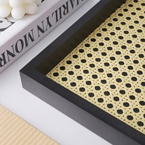 Rectangle Serving Tray with Imitated Rattan, Ottoman Tray, Black Decorative Tray, Basket Serving Tray with Black Wooden Frame for Coffee, Breakfast, Food, Drink, 14'' x 9.8'' x 1.8''