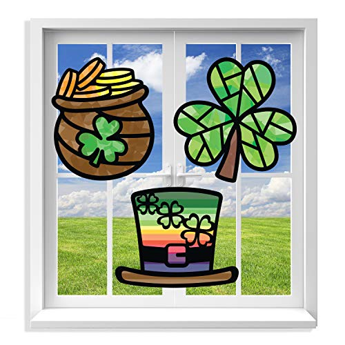 VHALE Suncatcher Kit for Kids, 3 Sets of Stained Glass Effect Paper Suncatchers (9 Cutouts, 27 Tissue Papers), Window Art, Classroom Arts and Crafts, Party Favors (St. Patrick's Day)