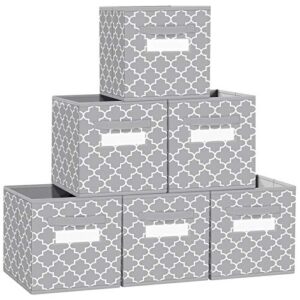 fabtotes storage bins 6 pack collapsible storage cubes, 11"x10.5"x10.5" large toy book organizer boxes with handles and label card & label holder, baskets for organizing closet shelves (light grey)