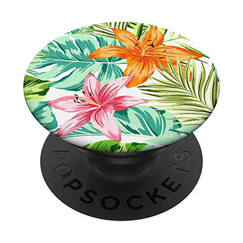 Tropical pink orange wildflower flowers green palm leaves PopSockets Swappable PopGrip