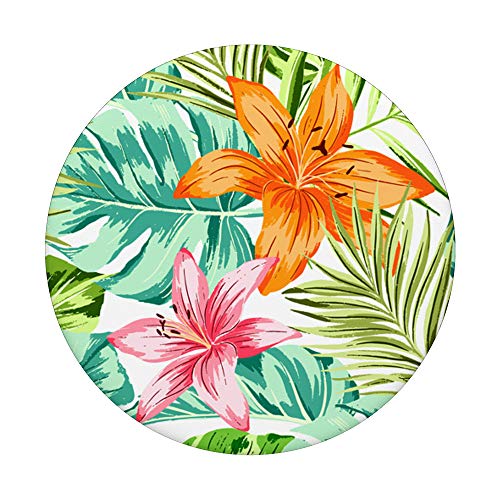 Tropical pink orange wildflower flowers green palm leaves PopSockets Swappable PopGrip