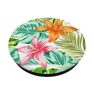 Tropical pink orange wildflower flowers green palm leaves PopSockets Swappable PopGrip