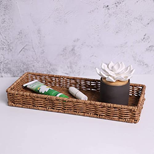 Rectangular Bathroom Tray, Guest Towel Napkin Holder, Imitated Rattan Toilet Tank Basket, Counter Organizers Storage Decorative Tray for Drinks Snack Fruit Home Decor (14'' x 5.3'' x 1.8'')