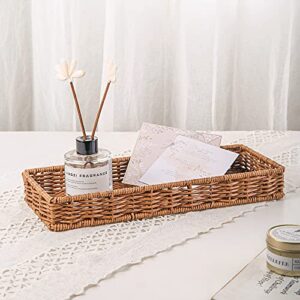 rectangular bathroom tray, guest towel napkin holder, imitated rattan toilet tank basket, counter organizers storage decorative tray for drinks snack fruit home decor (14'' x 5.3'' x 1.8'')