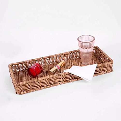 Rectangular Bathroom Tray, Guest Towel Napkin Holder, Imitated Rattan Toilet Tank Basket, Counter Organizers Storage Decorative Tray for Drinks Snack Fruit Home Decor (14'' x 5.3'' x 1.8'')