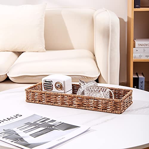 Rectangular Bathroom Tray, Guest Towel Napkin Holder, Imitated Rattan Toilet Tank Basket, Counter Organizers Storage Decorative Tray for Drinks Snack Fruit Home Decor (14'' x 5.3'' x 1.8'')