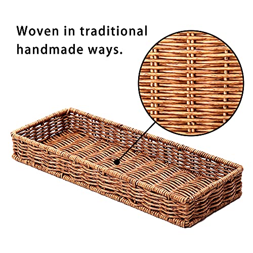 Rectangular Bathroom Tray, Guest Towel Napkin Holder, Imitated Rattan Toilet Tank Basket, Counter Organizers Storage Decorative Tray for Drinks Snack Fruit Home Decor (14'' x 5.3'' x 1.8'')