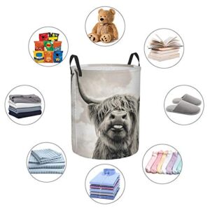 NYIVBE Portrait of Highland Cow Laundry Hamper with Handle,Collapsible Round Storage Bin for Bathroom Home Decor Baby Hamper Boxes Baby Clothing, Black, Medium