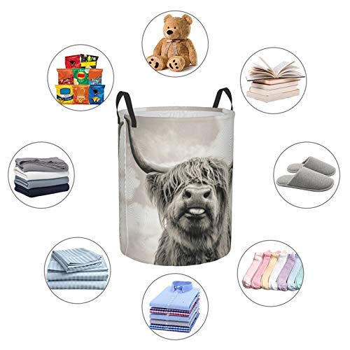 NYIVBE Portrait of Highland Cow Laundry Hamper with Handle,Collapsible Round Storage Bin for Bathroom Home Decor Baby Hamper Boxes Baby Clothing, Black, Medium