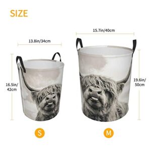 NYIVBE Portrait of Highland Cow Laundry Hamper with Handle,Collapsible Round Storage Bin for Bathroom Home Decor Baby Hamper Boxes Baby Clothing, Black, Medium