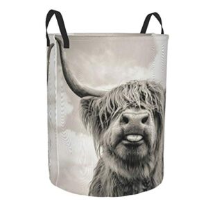 NYIVBE Portrait of Highland Cow Laundry Hamper with Handle,Collapsible Round Storage Bin for Bathroom Home Decor Baby Hamper Boxes Baby Clothing, Black, Medium