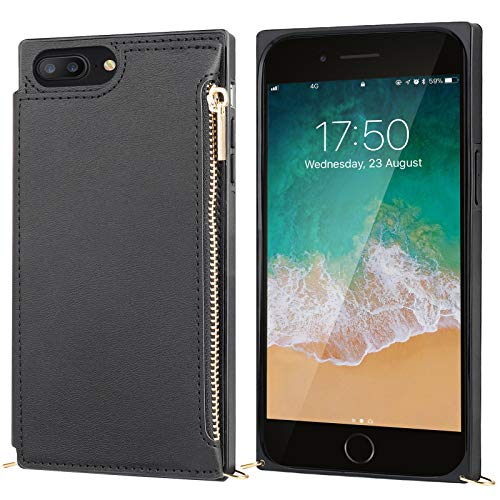 Bocasal Crossbody Wallet Case for iPhone 7 Plus/8 Plus with Card Holder,Zipper Card Slot Protector Shockproof Purse Cover with Removable Cross Body Strap 5.5 Inch(Black)