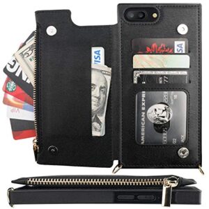 Bocasal Crossbody Wallet Case for iPhone 7 Plus/8 Plus with Card Holder,Zipper Card Slot Protector Shockproof Purse Cover with Removable Cross Body Strap 5.5 Inch(Black)