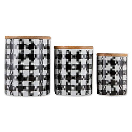 DII Ceramic Canister Sets for the Kitchen Food Safe Storage Containers with Lids, Large, Medium & Small, Buffalo Check, Black & White, 3 Count