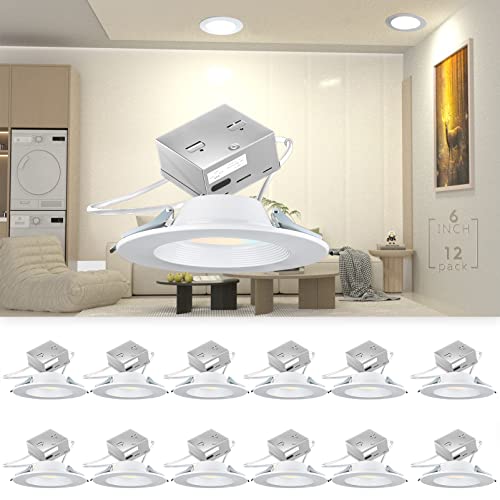 12 Pack LED Recessed Lighting 6 Inch, 3000K/4000K/5000K Selectable Canless 6 inch led recessed light, Dimmable 6in Recessed Lighting LED,12W 1200LM (110W Eqv.) CRI90 Wafer Lights 6 inch -IC Rated